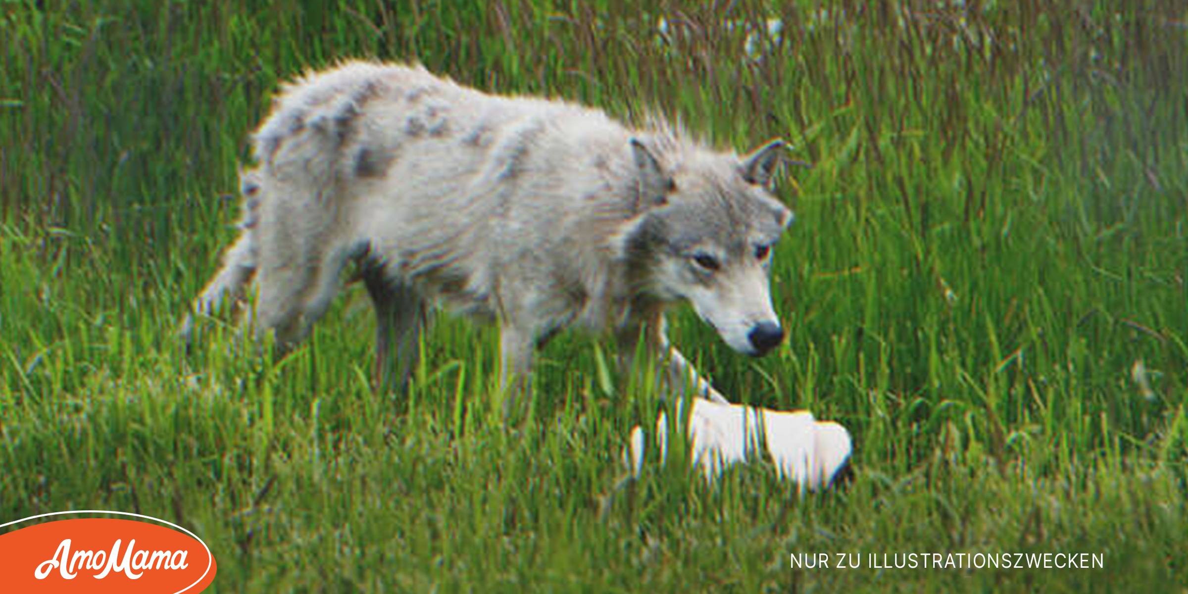 Förster sieht Wolf, der sich seiner Hütte nähert, und bemerkt Baby in ...
