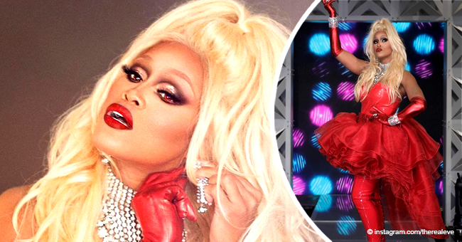 Eve Dressed up as RuPaul in Red Bodysuit with Tutu Skirt & Thigh-High ...